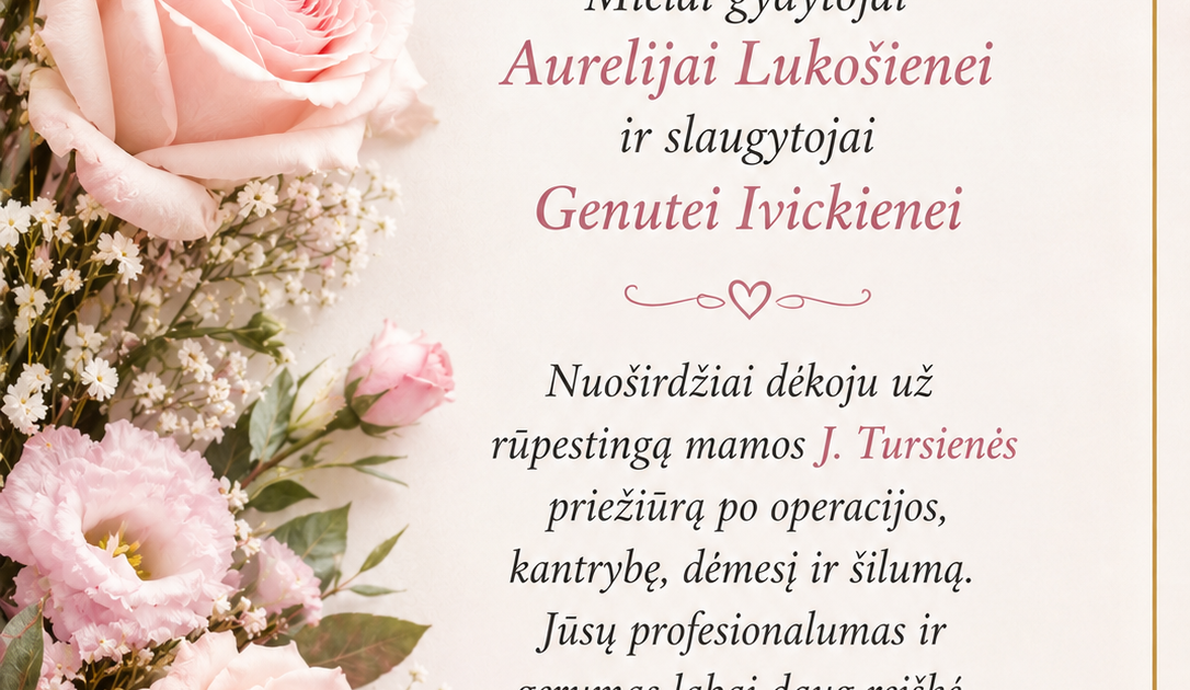 PADĖKA GYDYTOJAI A. LUKOŠIENEI IR SLAUGYTOJAI G. IVICKIENEI